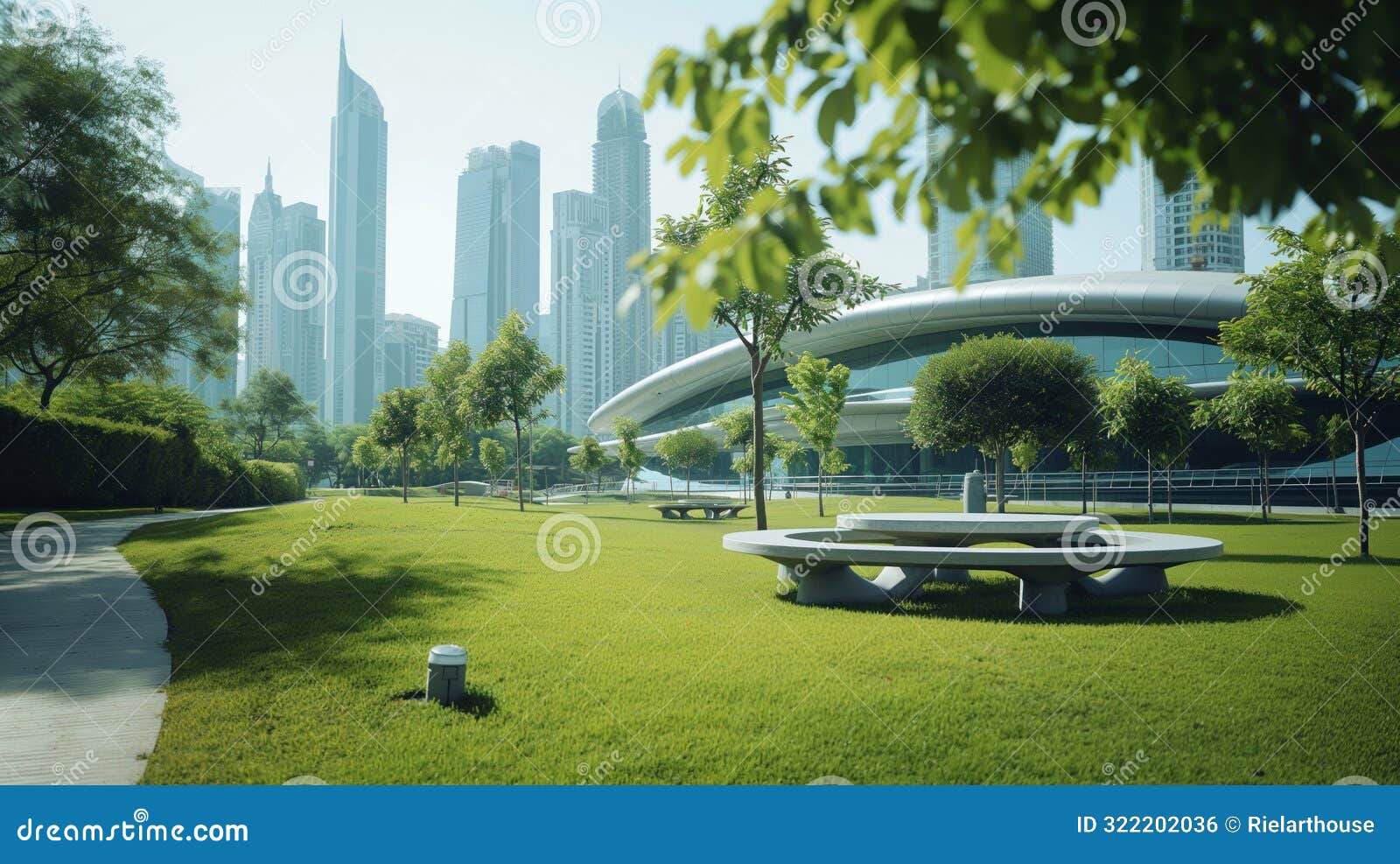 Futuristic Parks with Futuristic Building in the Background Stock ...