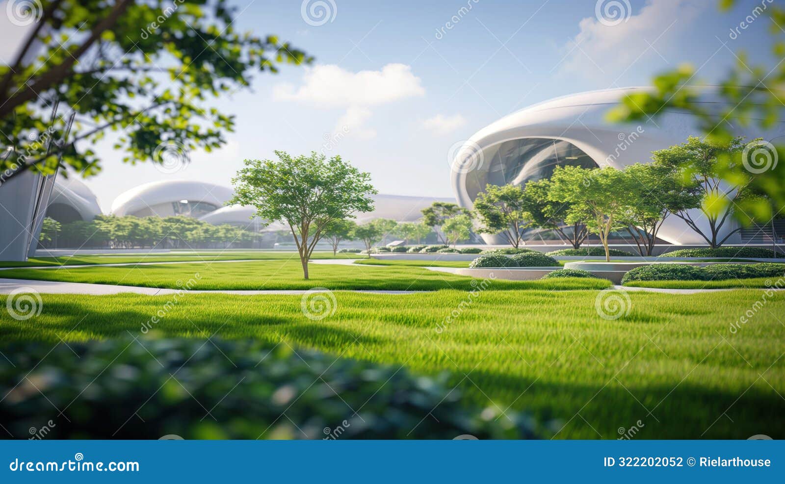 Futuristic Parks with Futuristic Building in the Background Stock ...