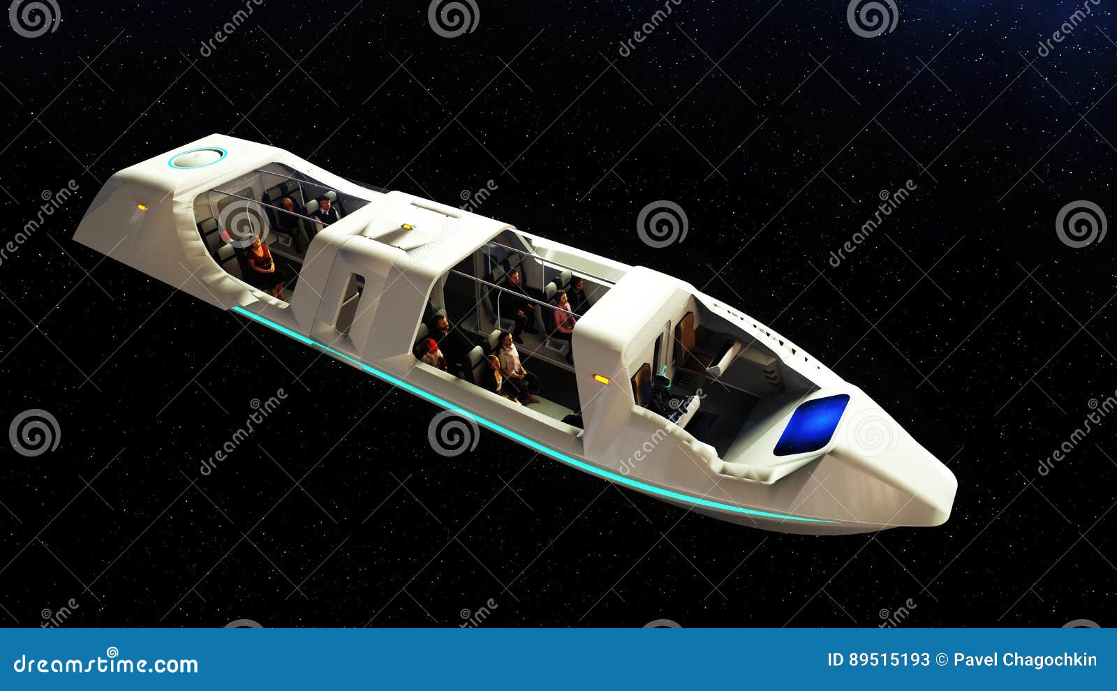 Futuristic Passenger Bus Flying in Space. Transport of the Future. 3d ...