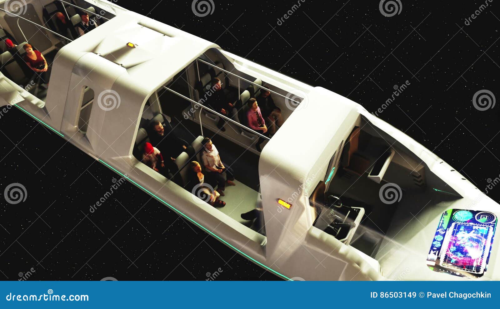 Futuristic Passenger Bus Flying in Space. Transport of the Future ...