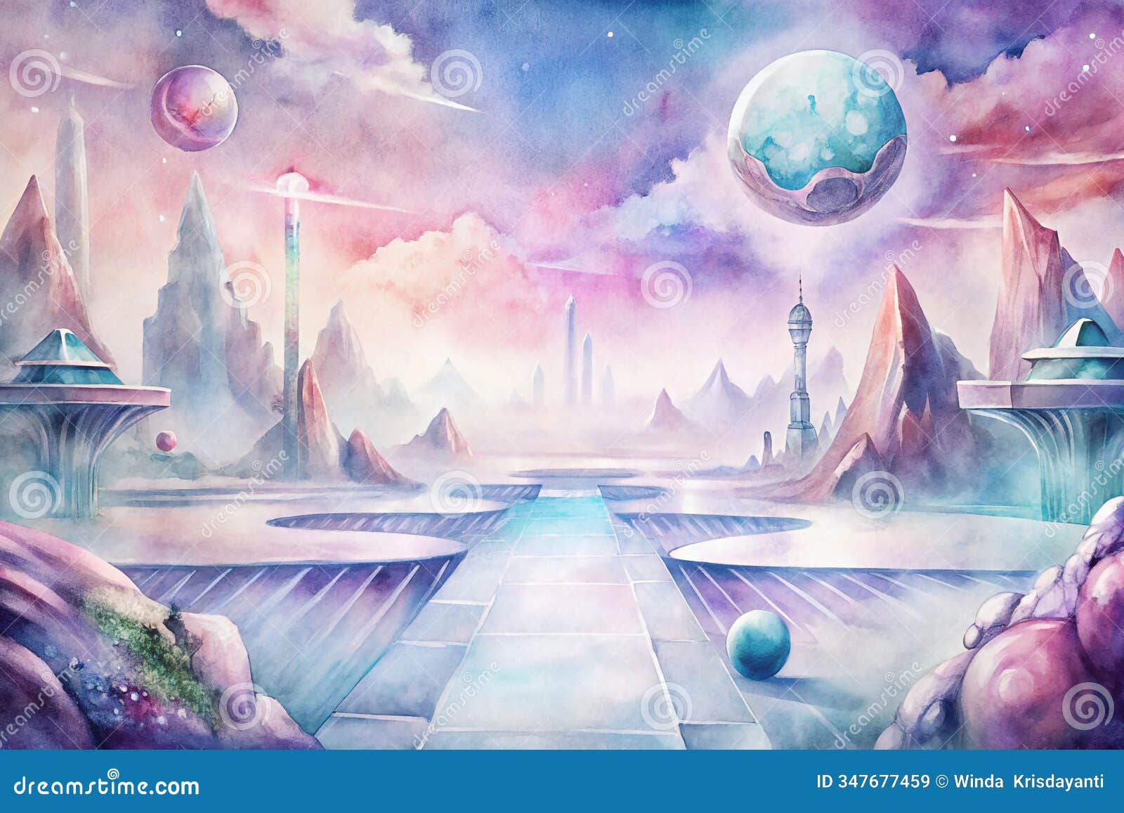 Futuristic Pastel Alien Landscape with Structures and Planets Stock ...
