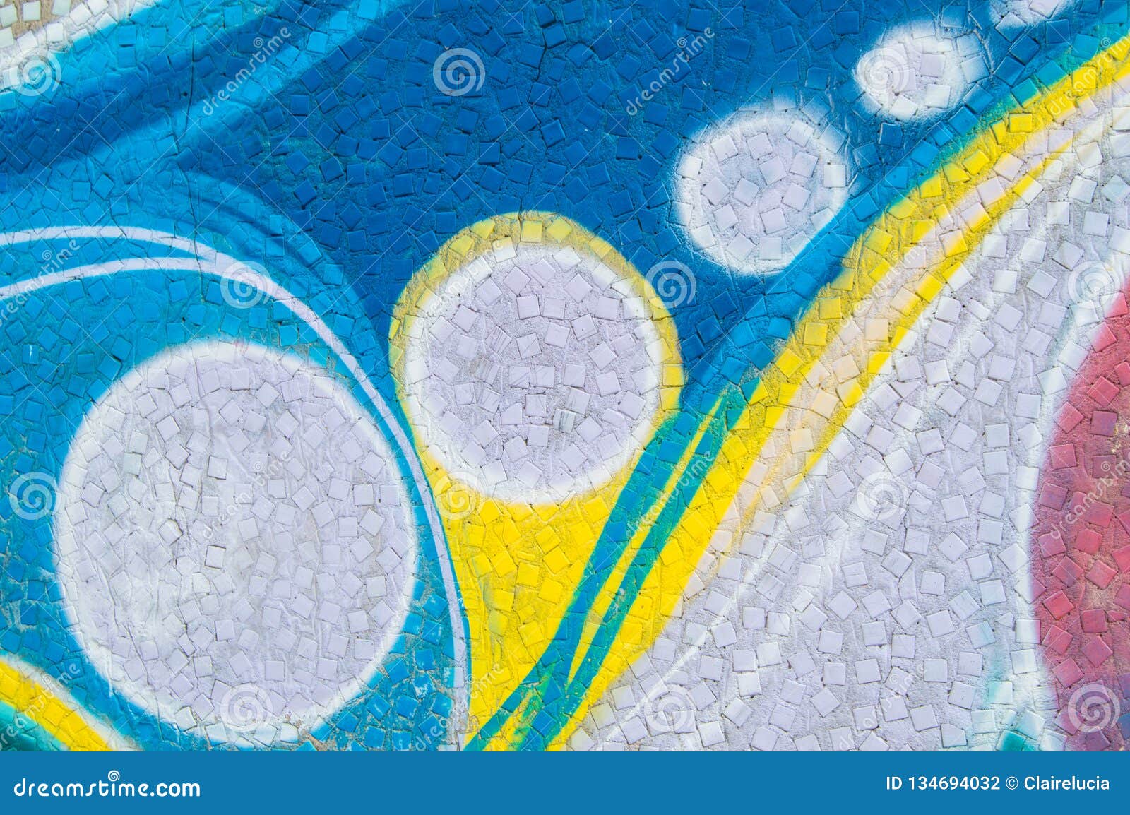 Futuristic Pattern on Mosaic Tile Wall, White Balls on Blue Background ...