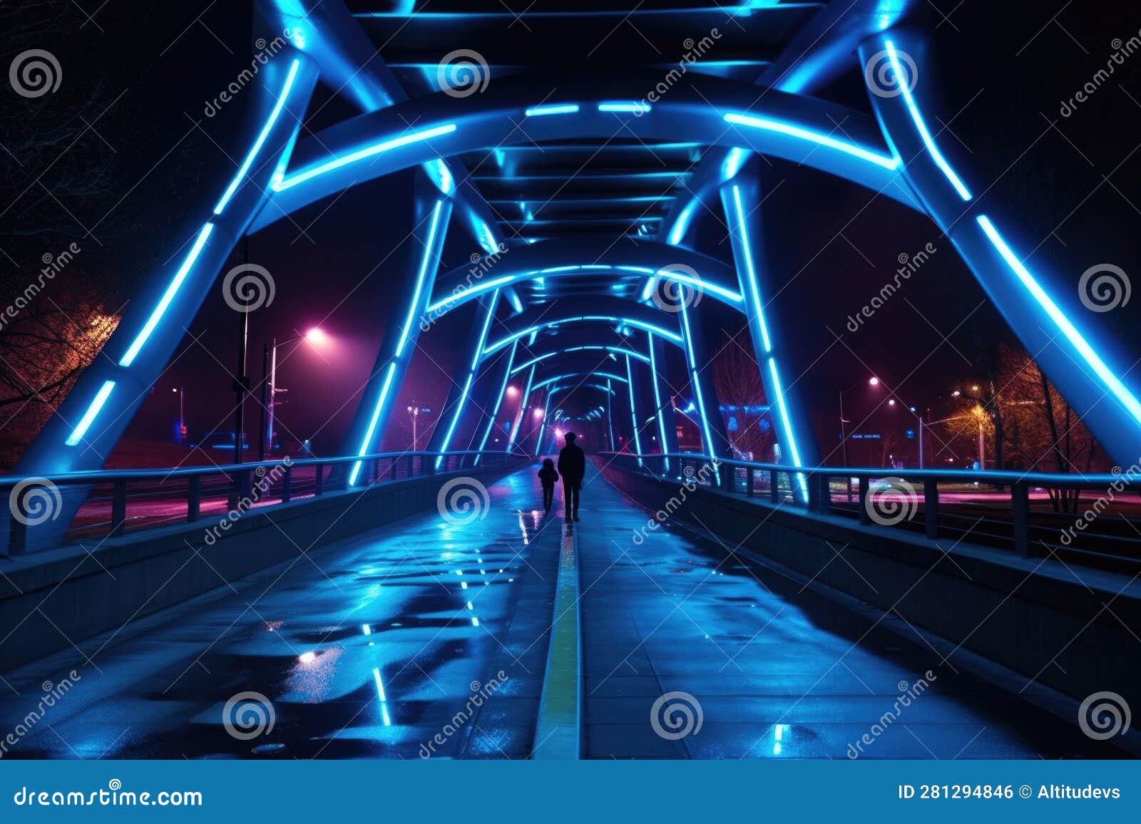 Futuristic Pedestrian Bridge with Led Lighting at Night Stock ...