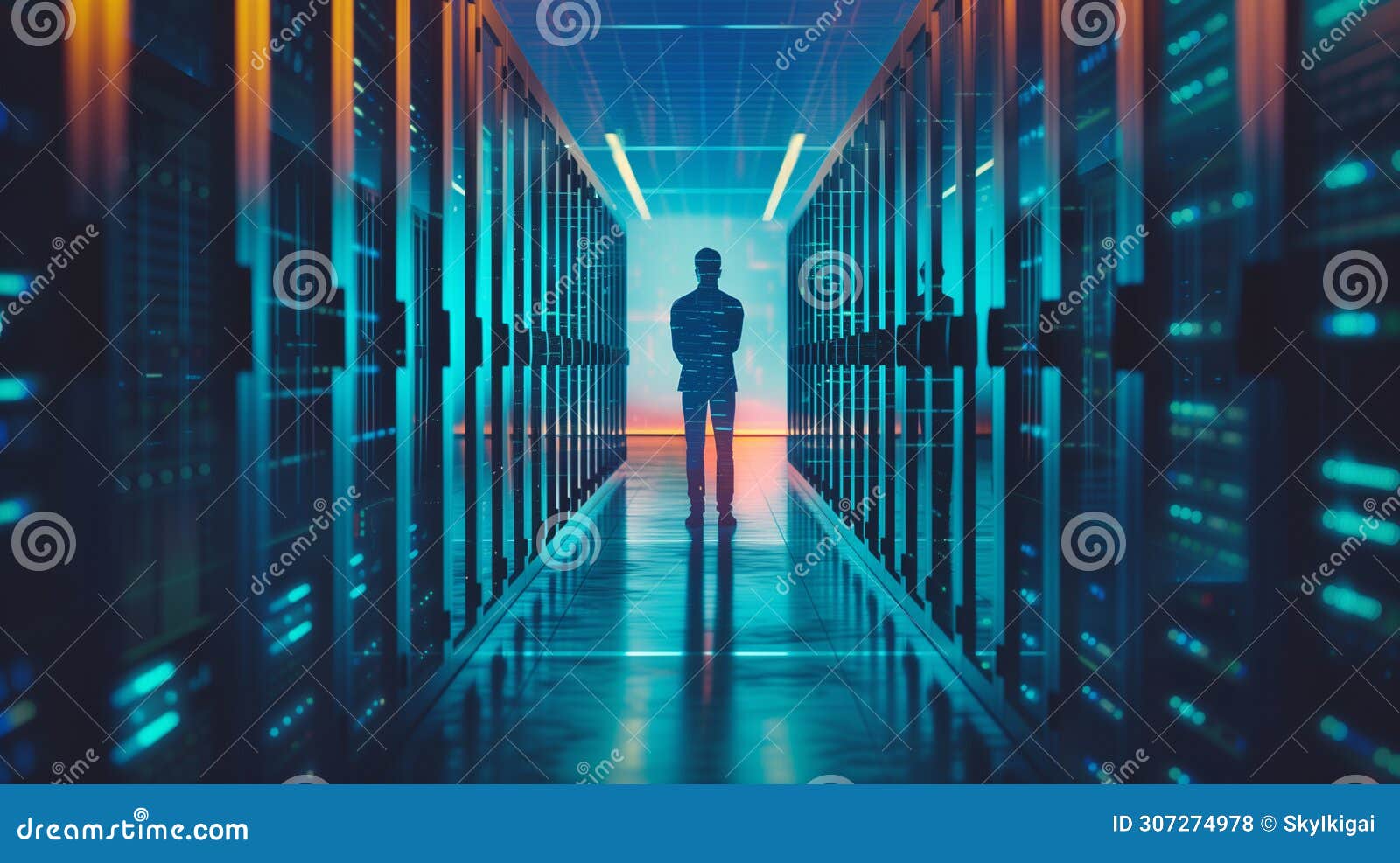A Futuristic Person Standing in the Middle of a Modern Data Centers ...