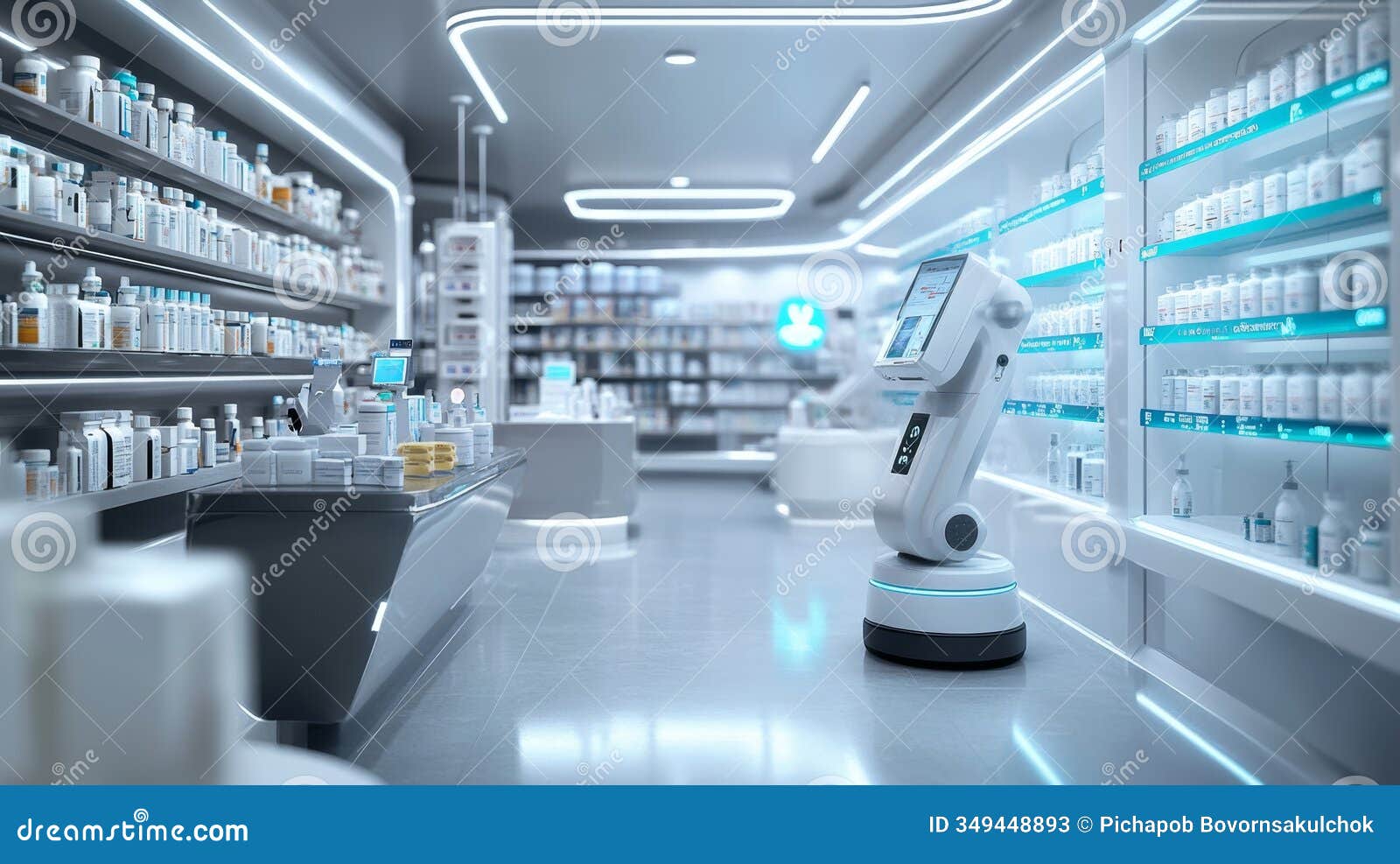 Futuristic Pharmacy with Robotic Dispensing System and Modern Design ...