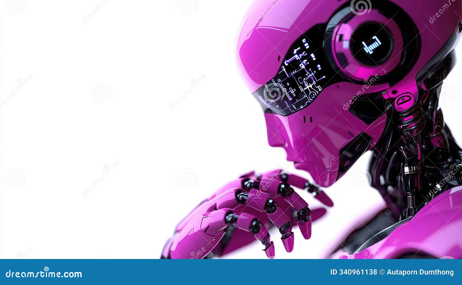 Futuristic Pink Robot Pondering or Thinking with a White Background ...