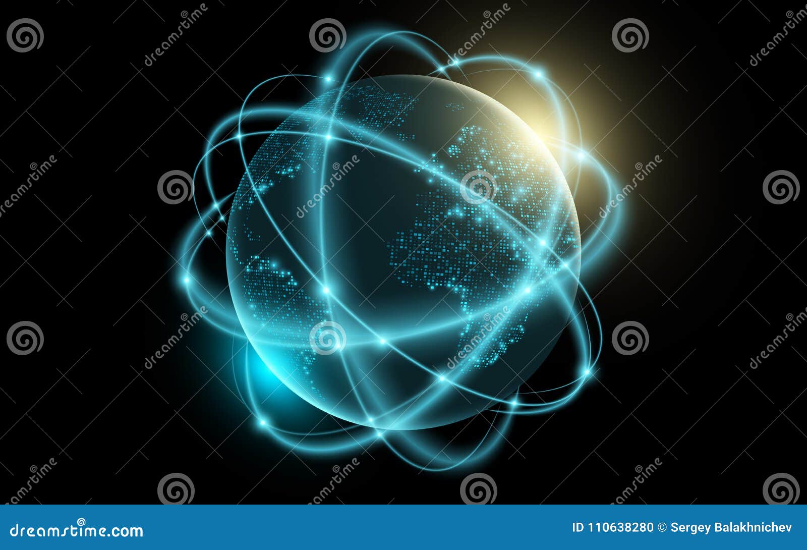 Futuristic Planet Earth With Flying Triangles. World Map. Blue Lights ...