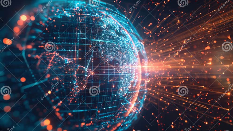 Futuristic Planet Earth Rotating with Light Trails and Data Flowing Stock Photo - Image of ...