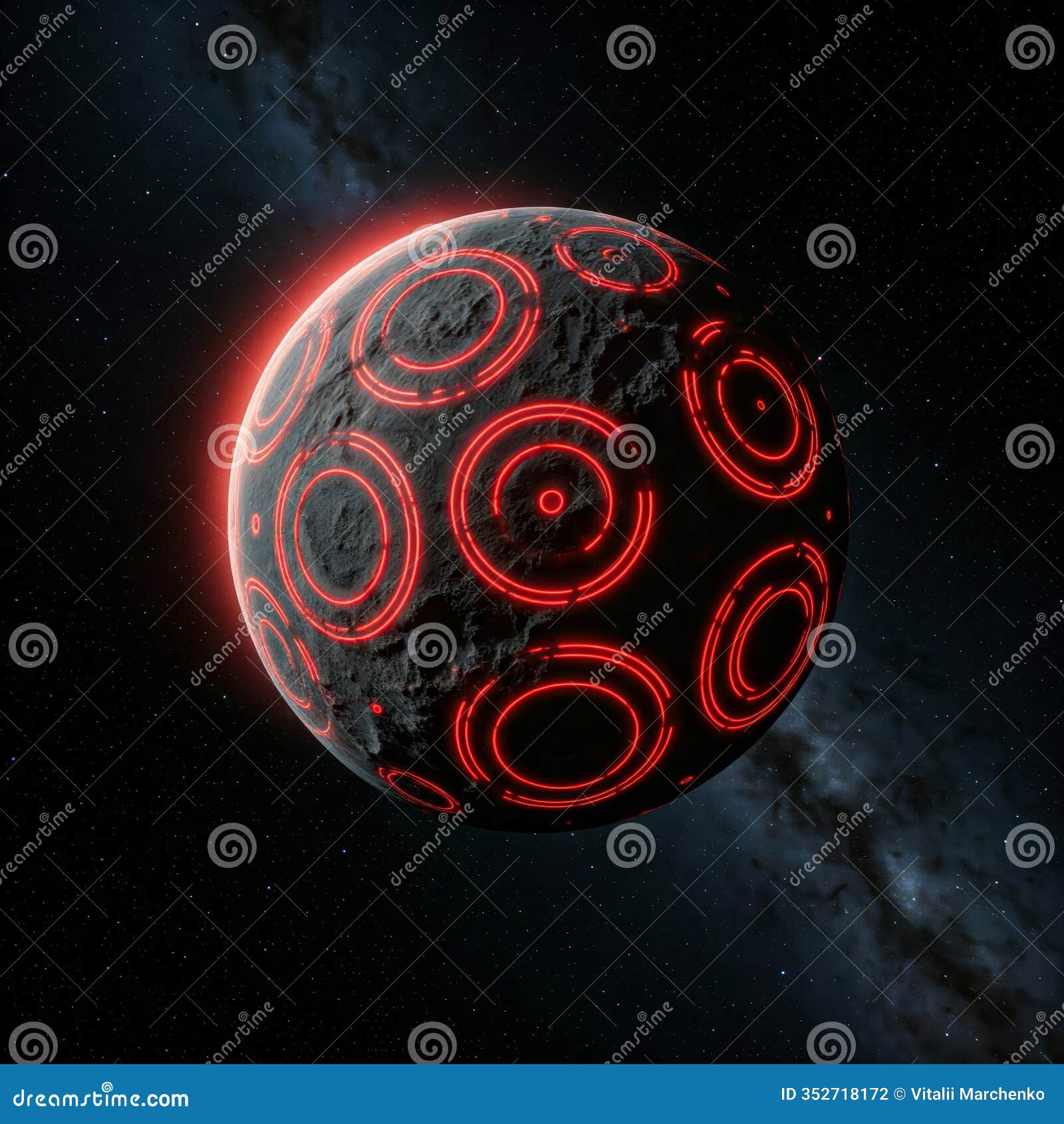 Futuristic Planet with Neon Red Rings in Cosmic Space Stock ...