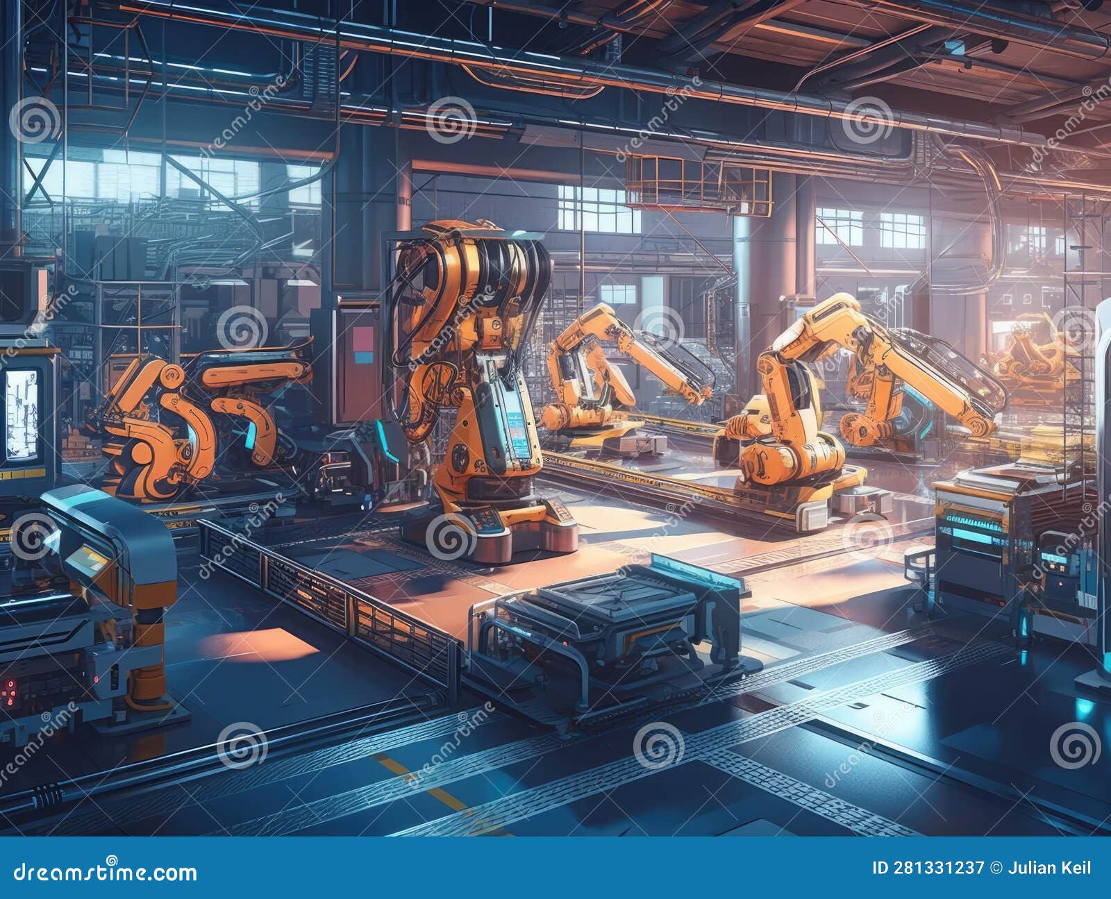 Futuristic Plant with AI Robots Producing Goods Stock Illustration ...