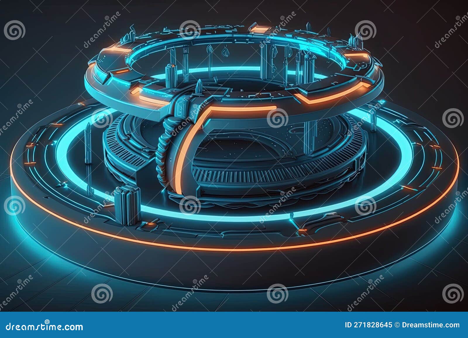 A Futuristic Platform Set Against a Big Luminous Neon Loop Sircle Stock ...