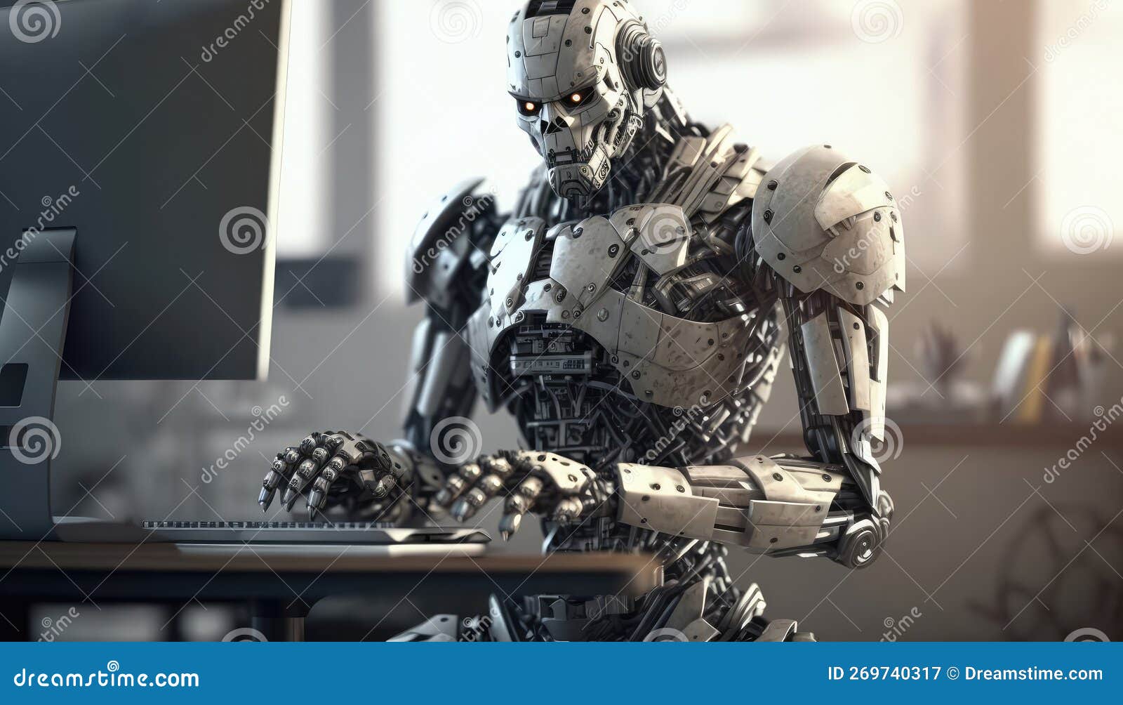 Futuristic Plot. the Robot Sits at the Computer and Types Stock ...
