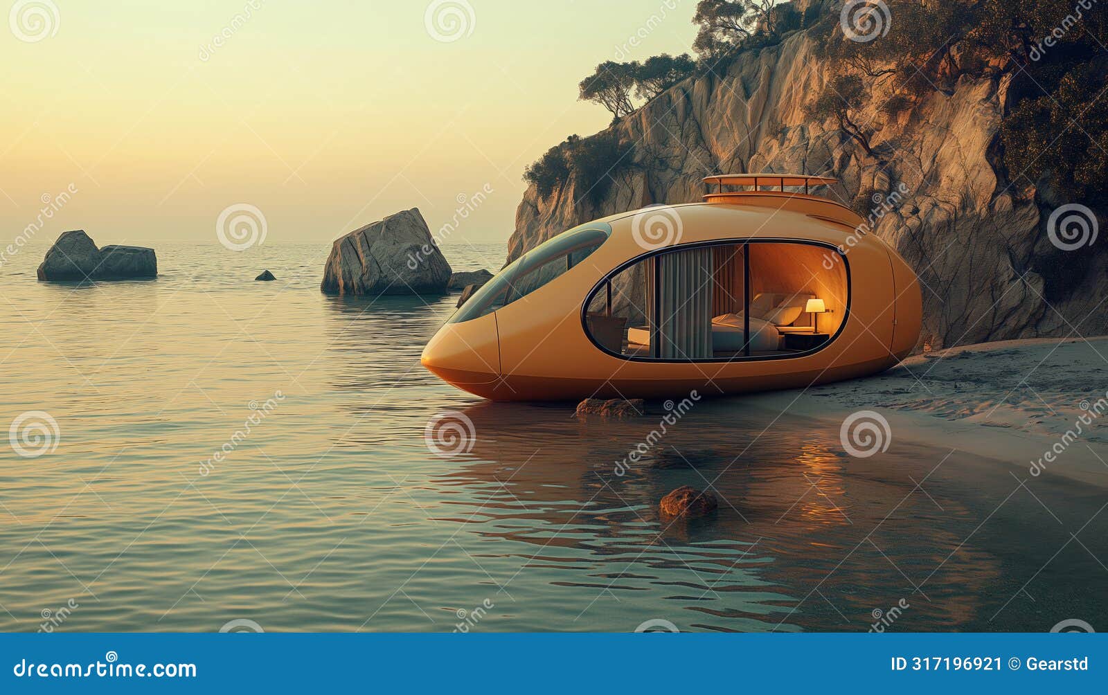 Futuristic Pod House on a Secluded Beach Stock Image - Image of modern ...