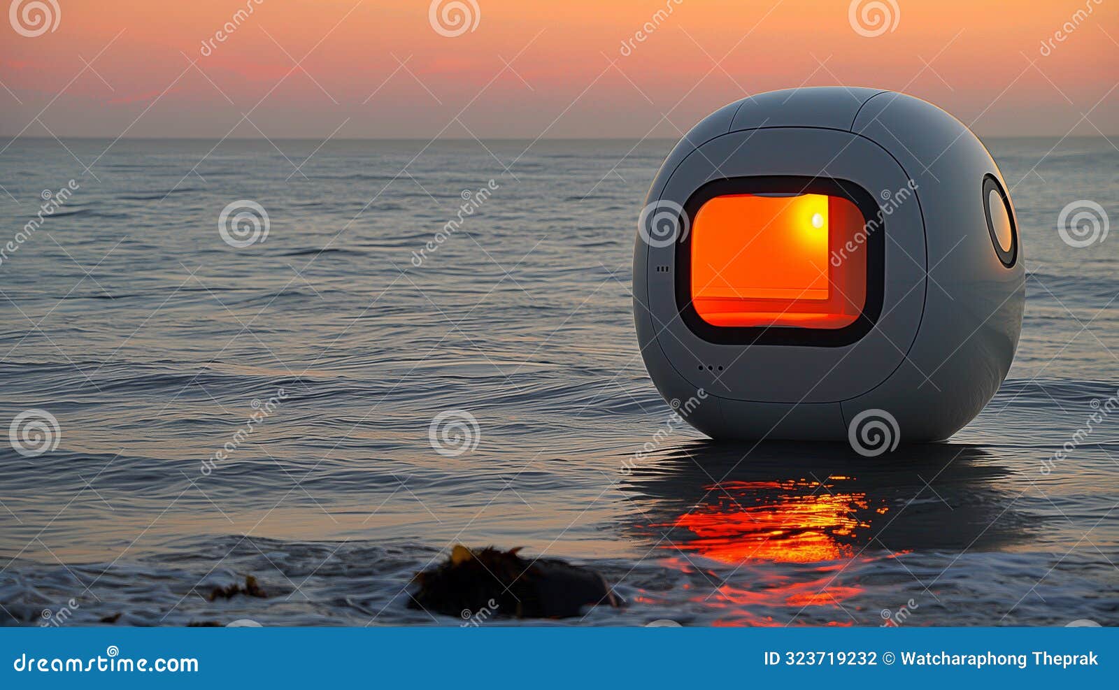 Futuristic Pod-like Structure Floating on Water at Sunset, Emitting a ...