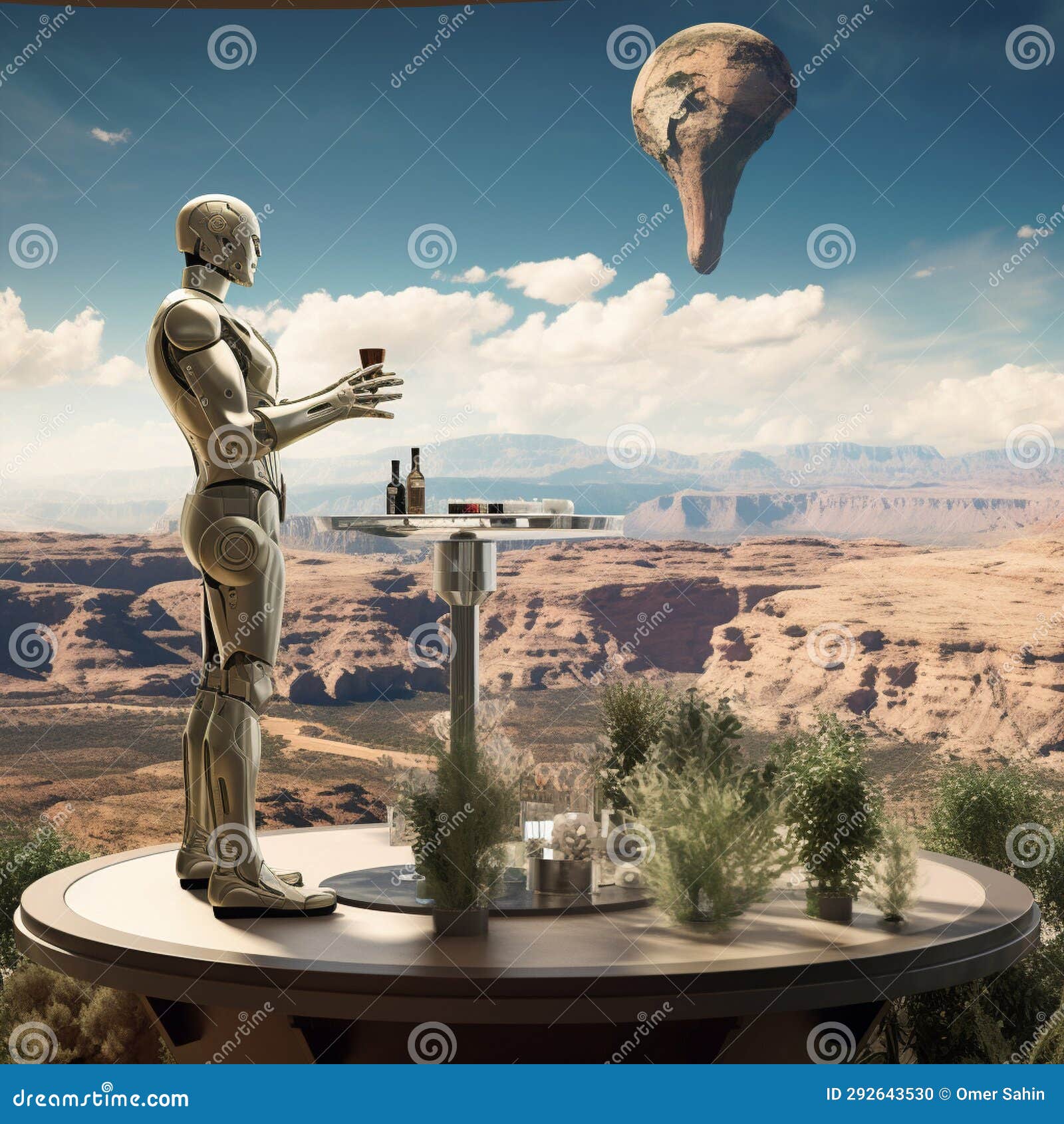 Futuristic Podium in Breathtaking Landscape with Humanoid Robot Speaker ...