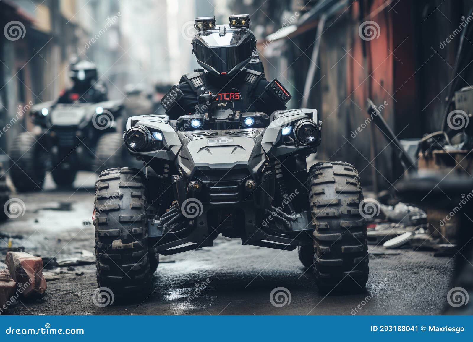 Futuristic Police Patrolling on Quad Stock Illustration - Illustration ...