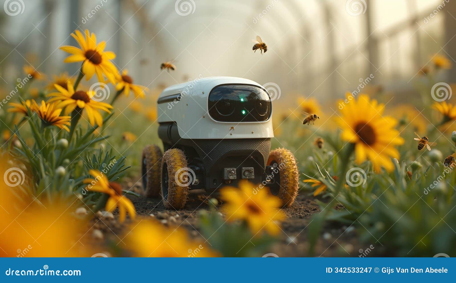 Futuristic Pollination Robot in Greenhouse Bees Watching Stock ...