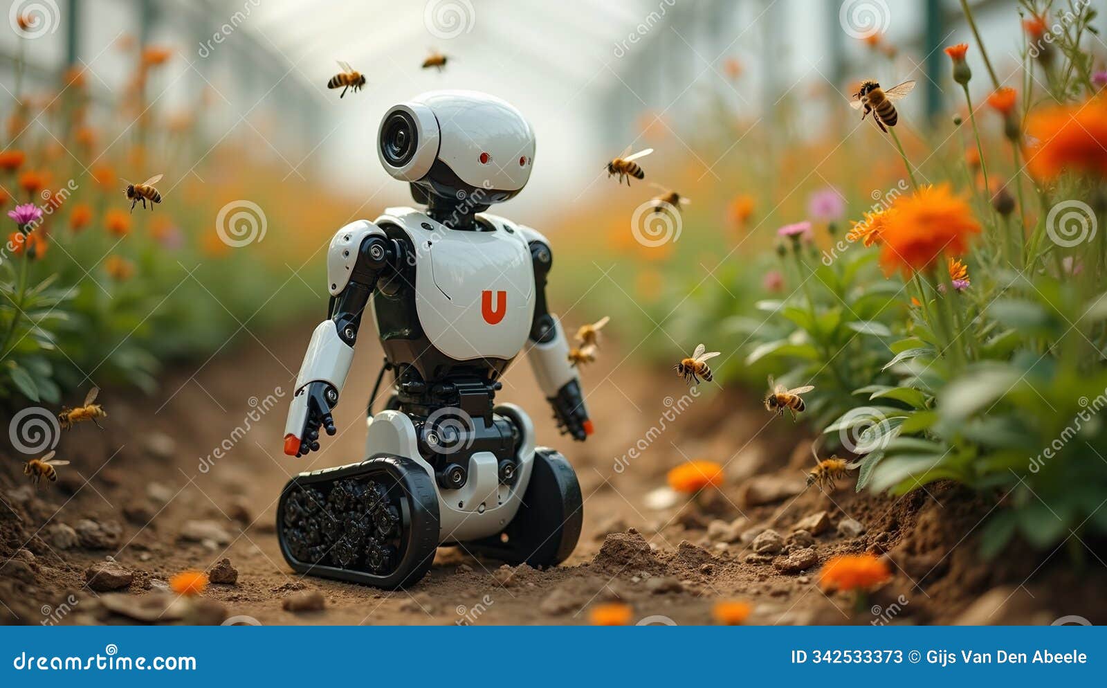 Futuristic Pollination Robot in Greenhouse Bees Watching Stock ...