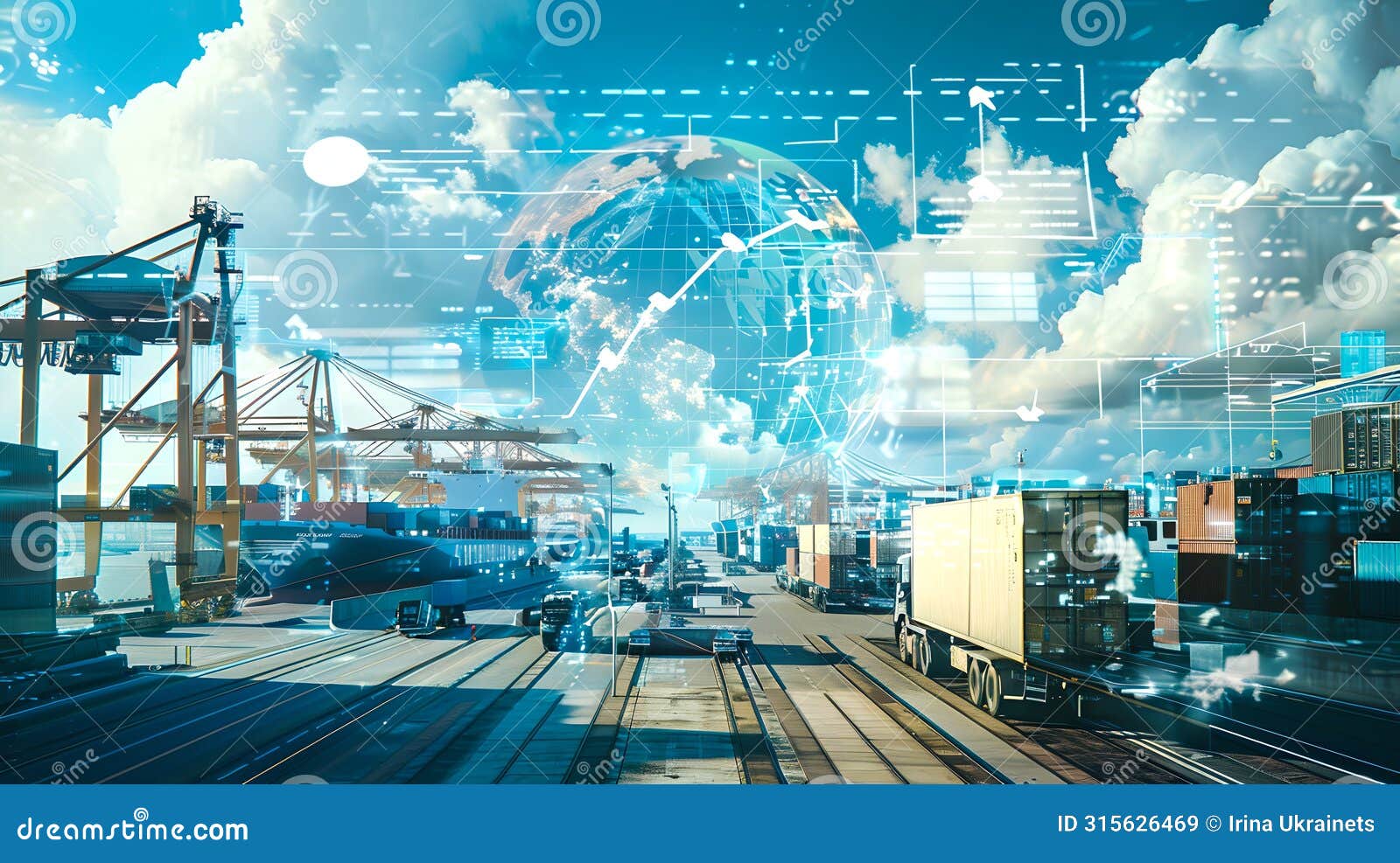 Futuristic Port with Global Networks Concept, Cargo Containers and ...