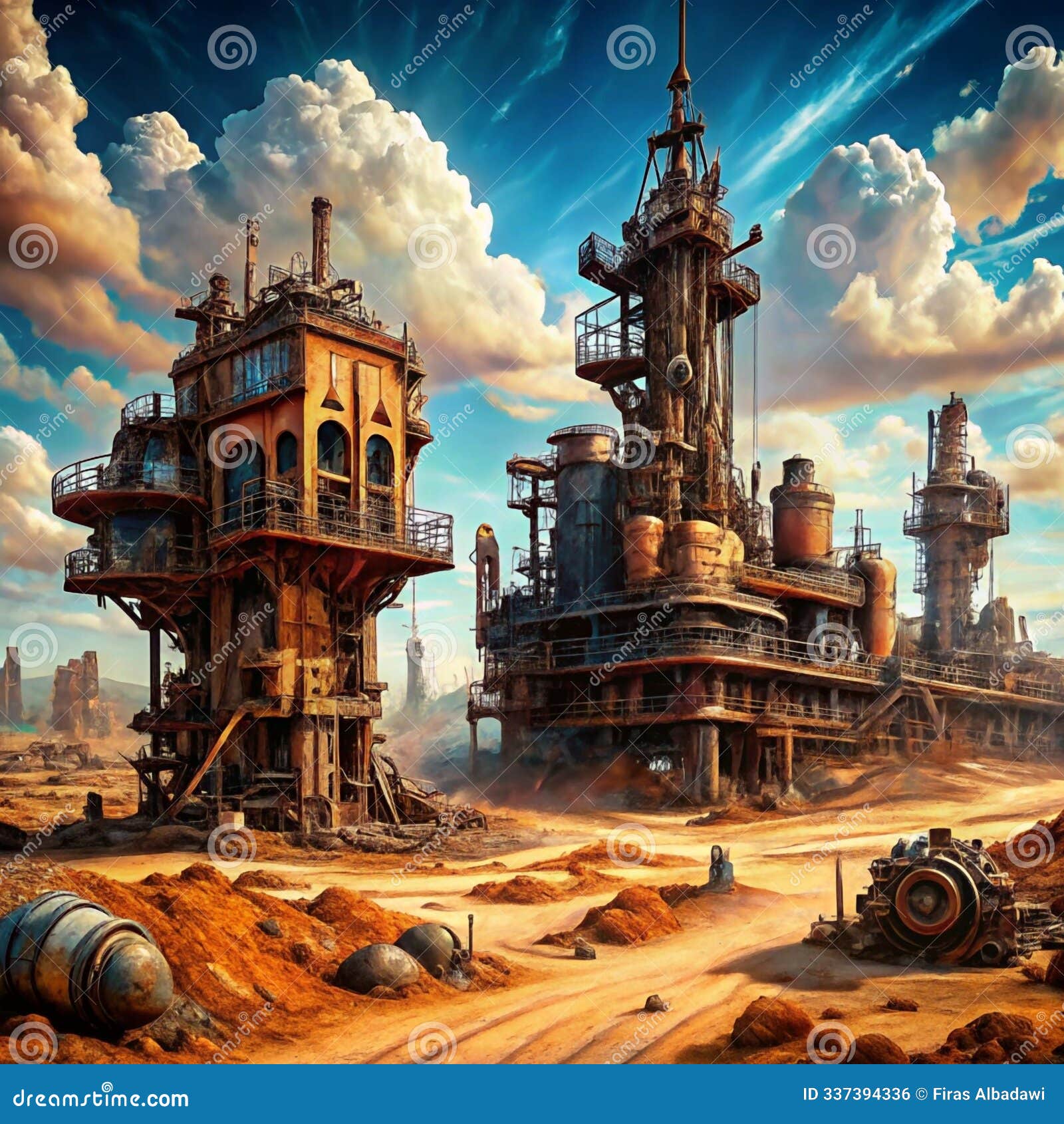 A Futuristic, Post-apocalyptic Landscape with Two Rusty Towering ...