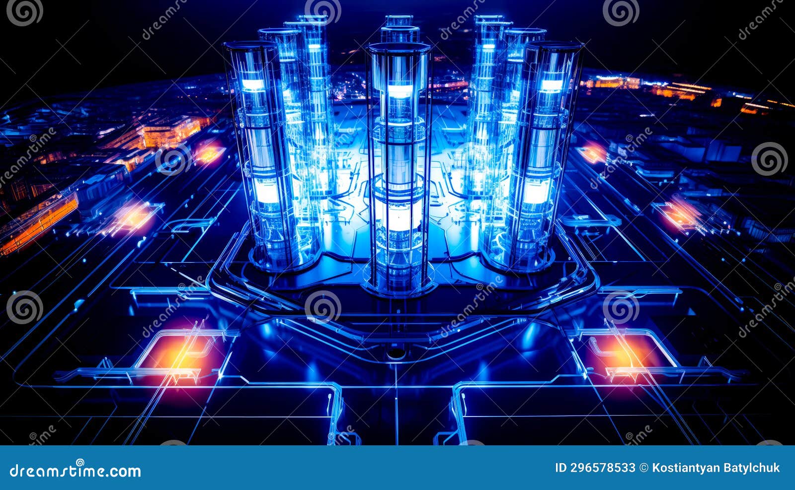 A Futuristic Power Generation Station with Glowing Nuclear Tanks at ...
