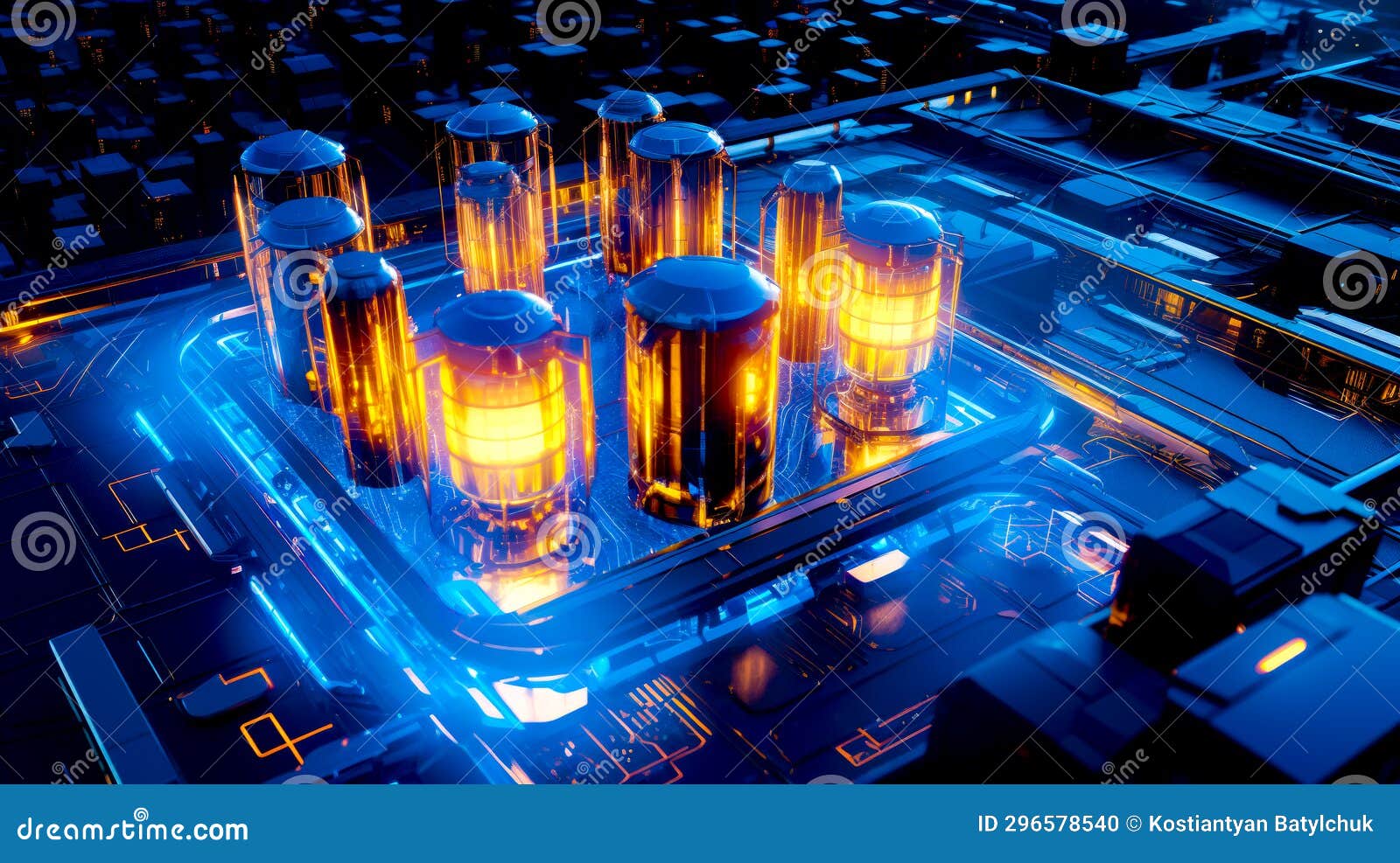 A Futuristic Power Generation Station with Glowing Nuclear Tanks at ...