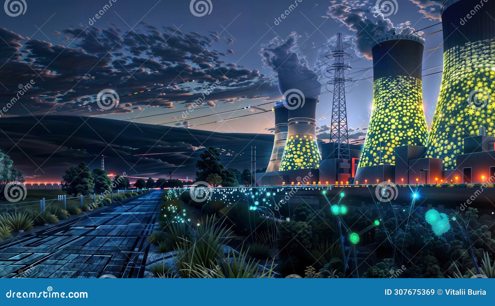 Futuristic Powerhouse: Illuminated Towers at Night, Generative Ai Stock ... Futuristic Powerhouse: Illuminated Towers at Night, Generative Ai Stock ...