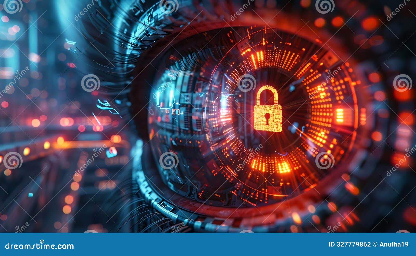 Futuristic Privacy Symbol in Scarlet Hue Surrounded by High-Tech ...