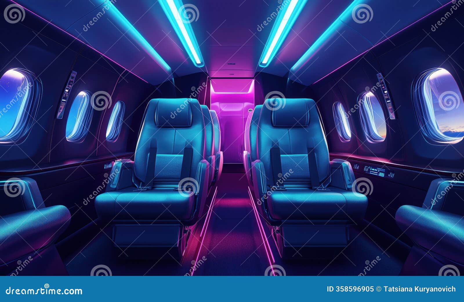Futuristic Private Jet Interior with Neon Lighting, Luxurious Seating ...