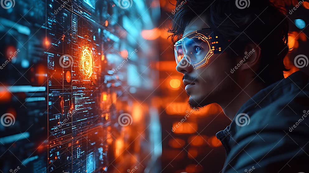 Futuristic Programmer Analyzes Data on a Large Screen in a Dark Room Stock Illustration ...