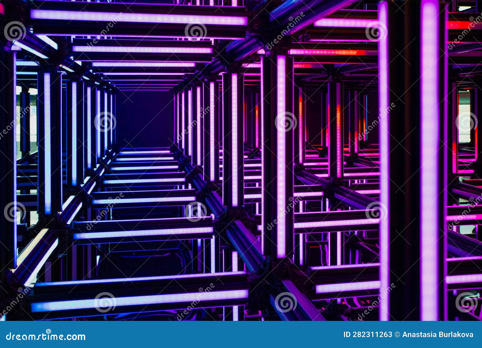 Futuristic Purple, Violet Neon Light Cube Art Installation. Technology ...