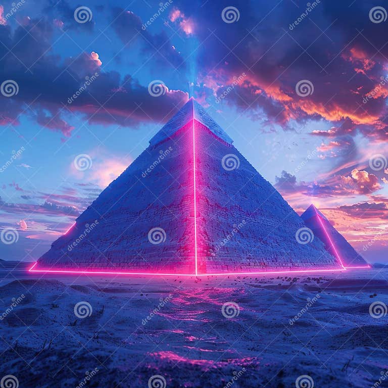 Futuristic Pyramids with Neon Lights Under a Dramatic Sky at Dusk Stock ...