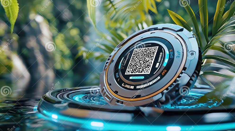 Futuristic QR Code Device Surrounded by Lush Greenery in Nature Setting ...