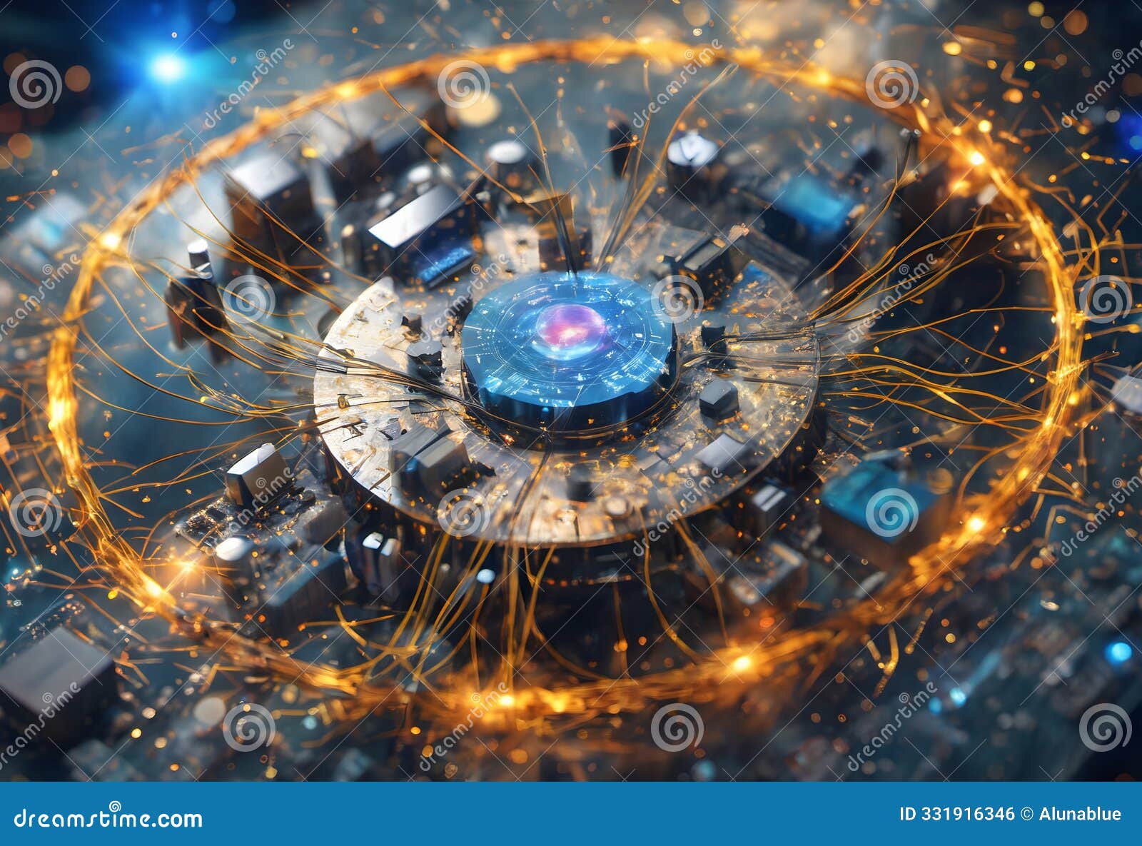 Futuristic Quantum Computer Chip with Glowing Blue Core and Energy ...