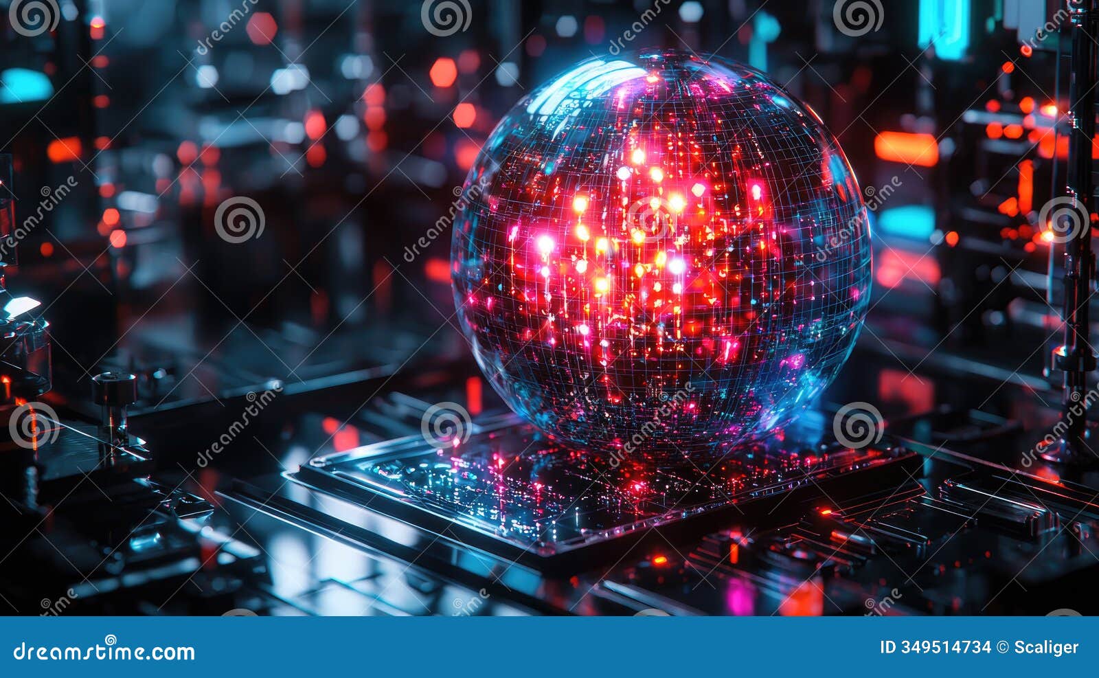 Futuristic Quantum Computer Interior with Glowing Sphere in Dark ...