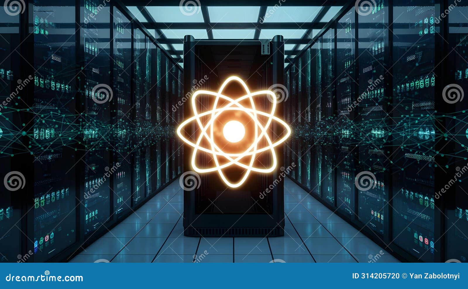Futuristic Quantum Server Core Illuminates Data Center. Concept ...