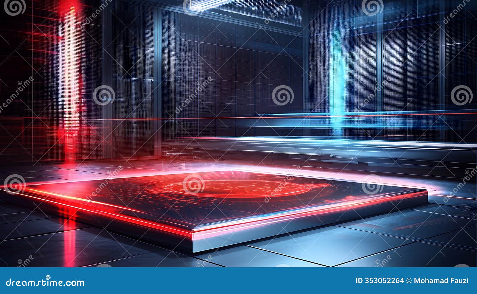 Futuristic Red and Blue Lit Platform in Dark Room Stock Illustration ...
