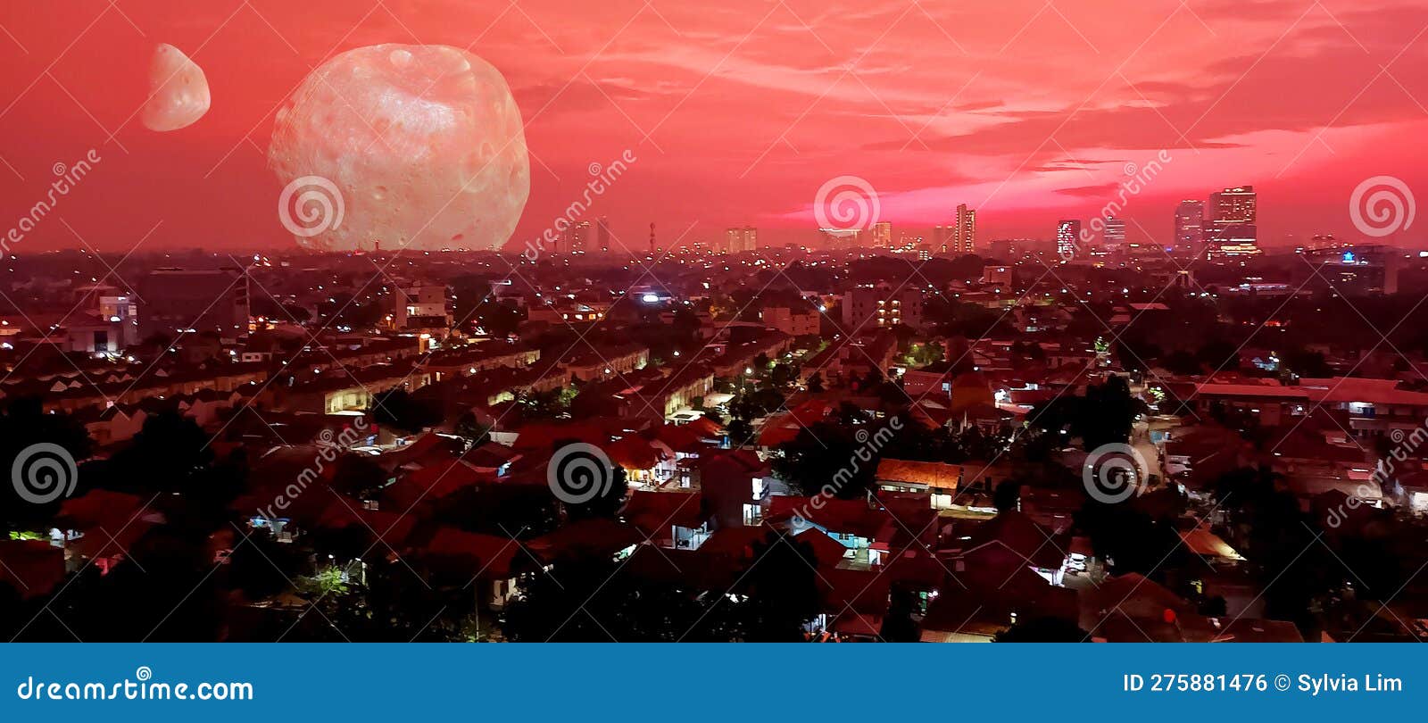 The Futuristic Red City of Mars with Phobos and Deimos Moon. Stock ...