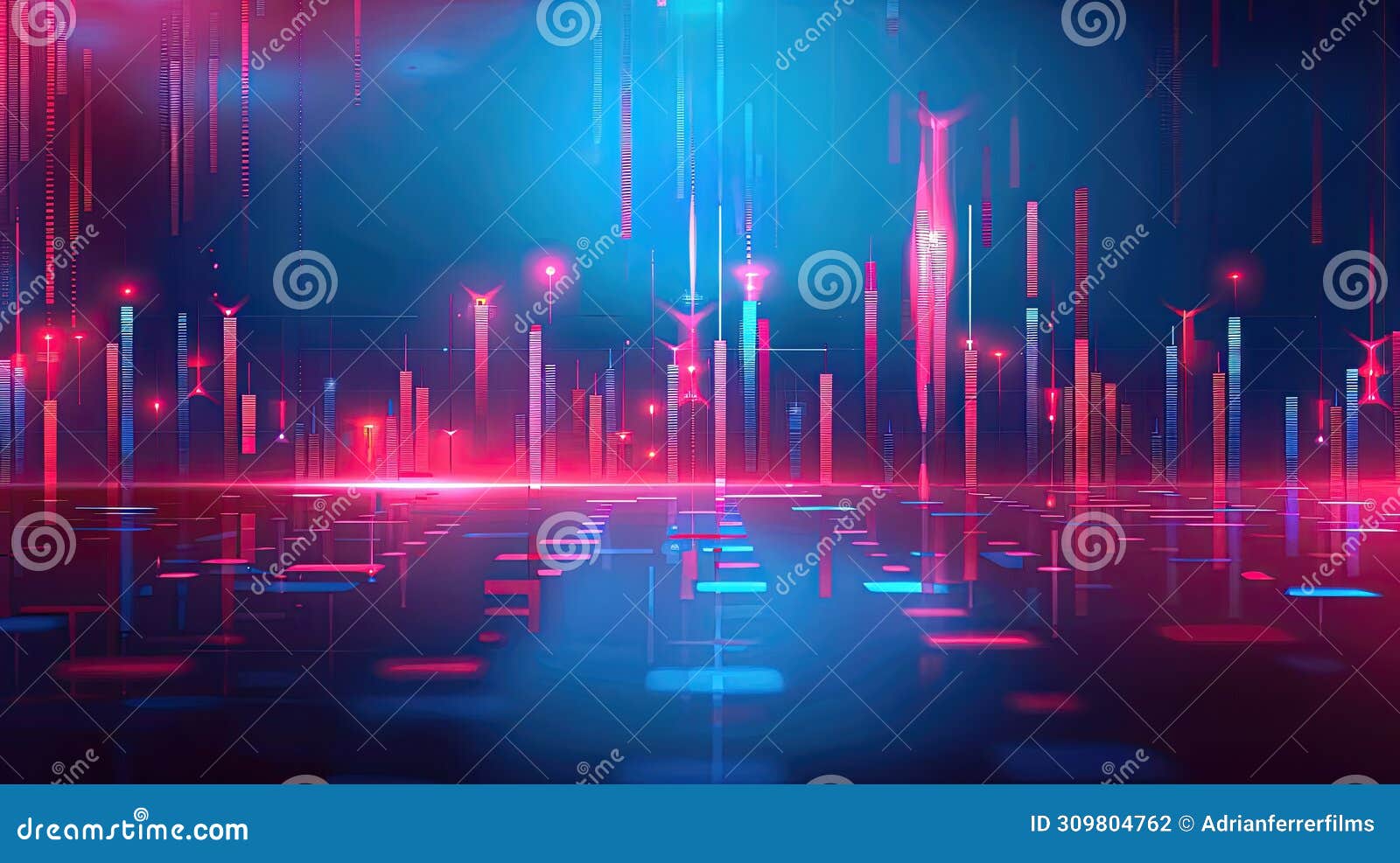 Futuristic Red Digital Landscape with Light Pillars and Grid. Stock ...