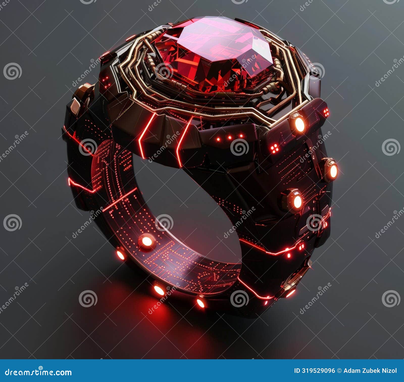 Futuristic Red Gemstone Ring with Glowing Lights Stock Illustration ...