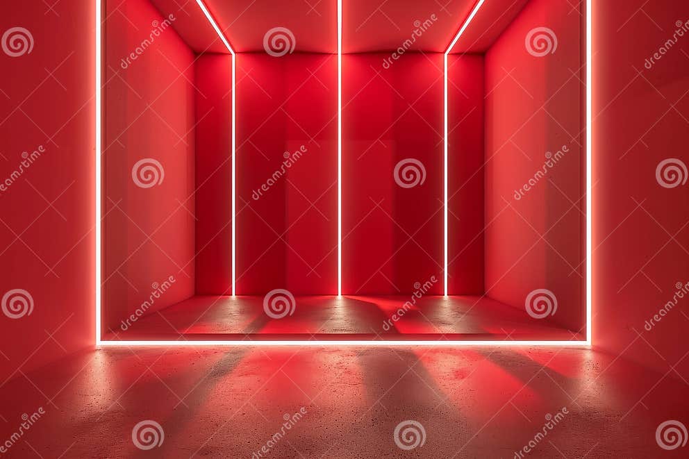 Futuristic Red Room with Three-dimensional White Line Lighting Creating ...