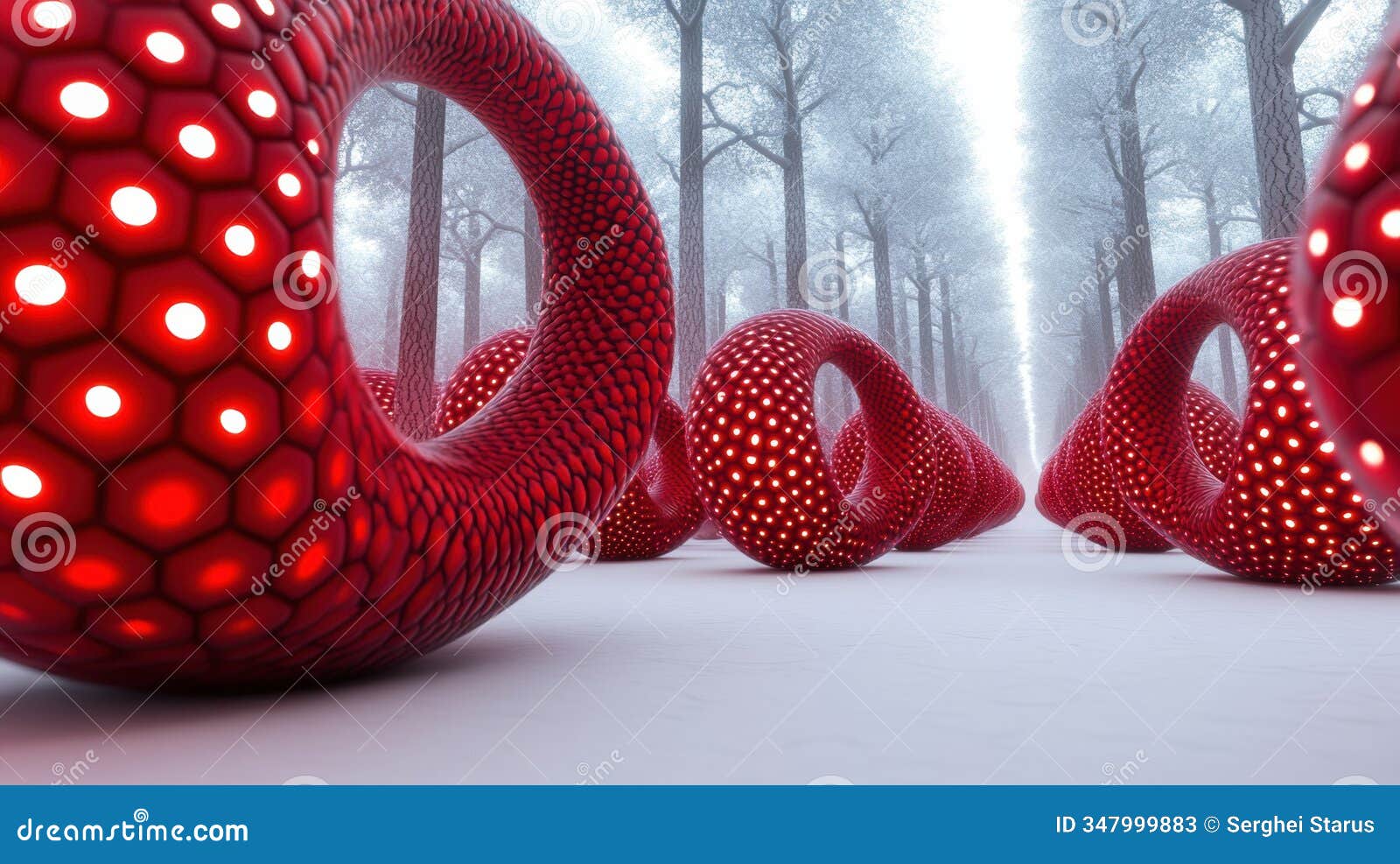 Futuristic Red Torus Structures in a Snowy Forest Create a Surreal ...