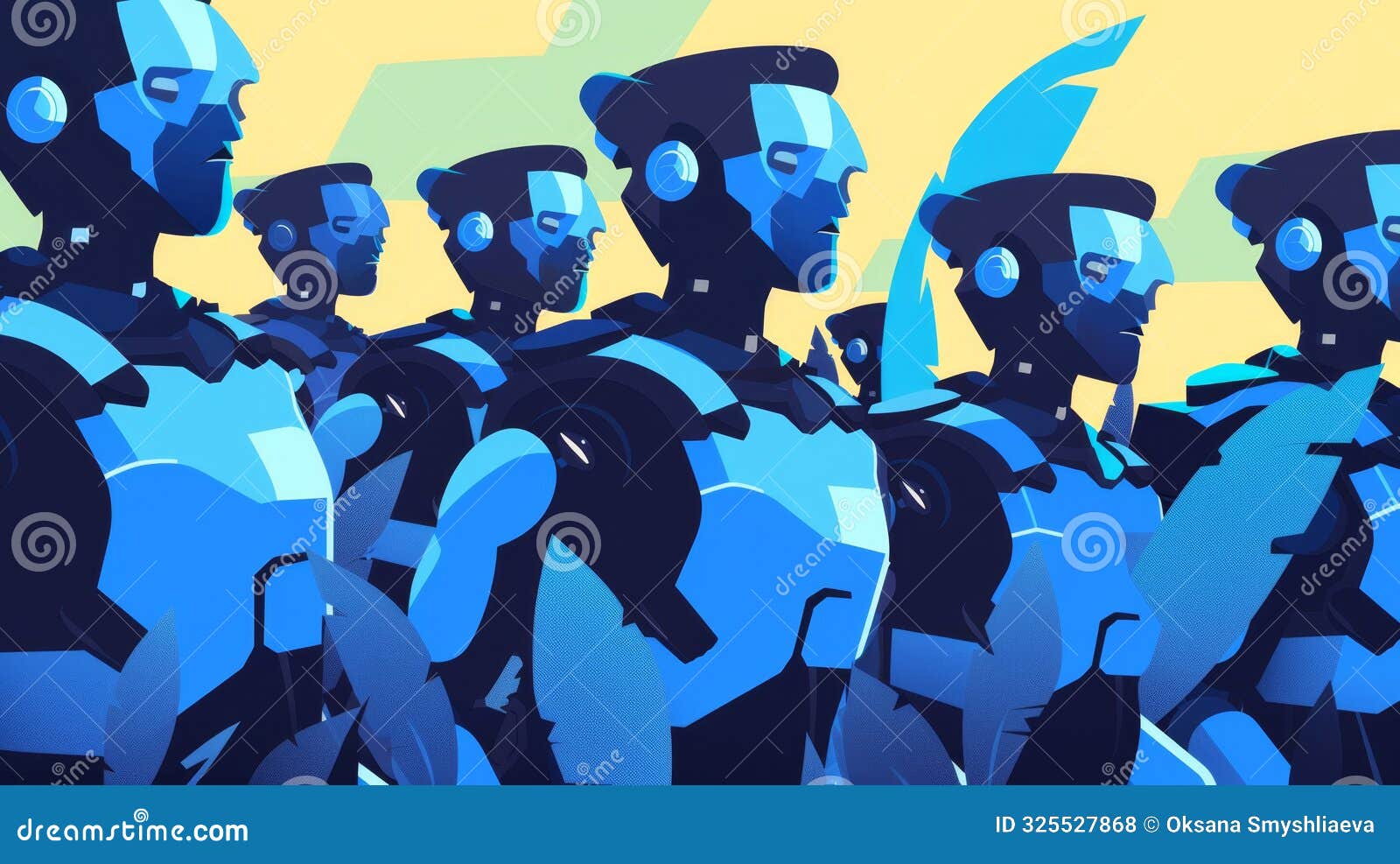 Futuristic Regiment of Blue Cyborgs Marching in Unison Stock Photo ...