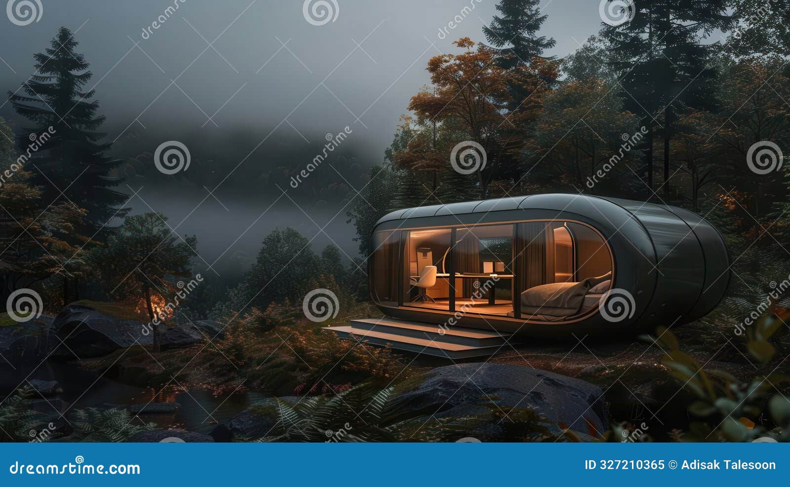 A Futuristic Remote Work Pod Nestled In A Forest, Showcasing Innovative ...