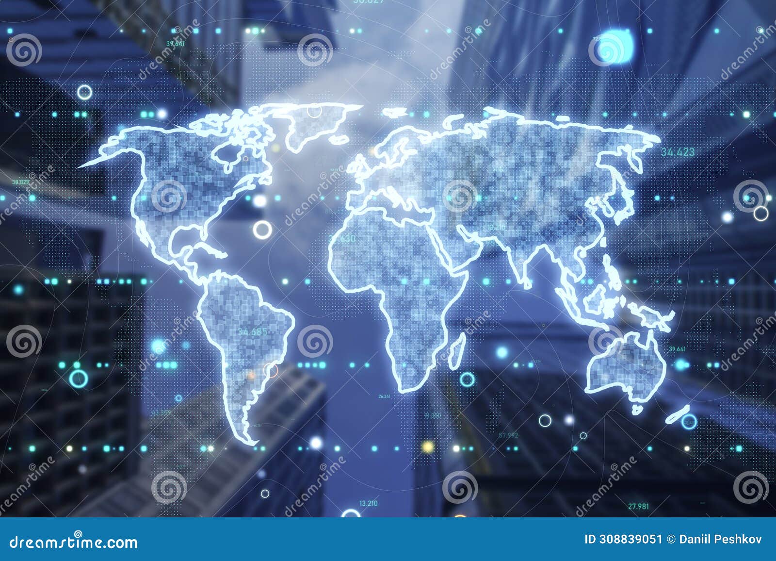 A Futuristic Representation of a Digital World Map Overlaying a Complex ...
