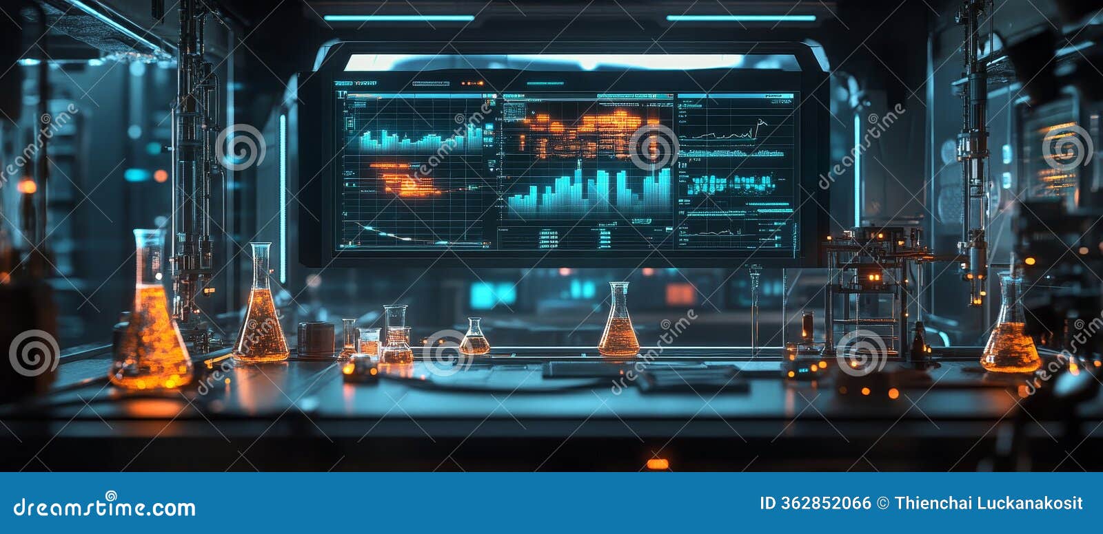 Futuristic Research Facility with Glowing Beakers and Data Screens ...