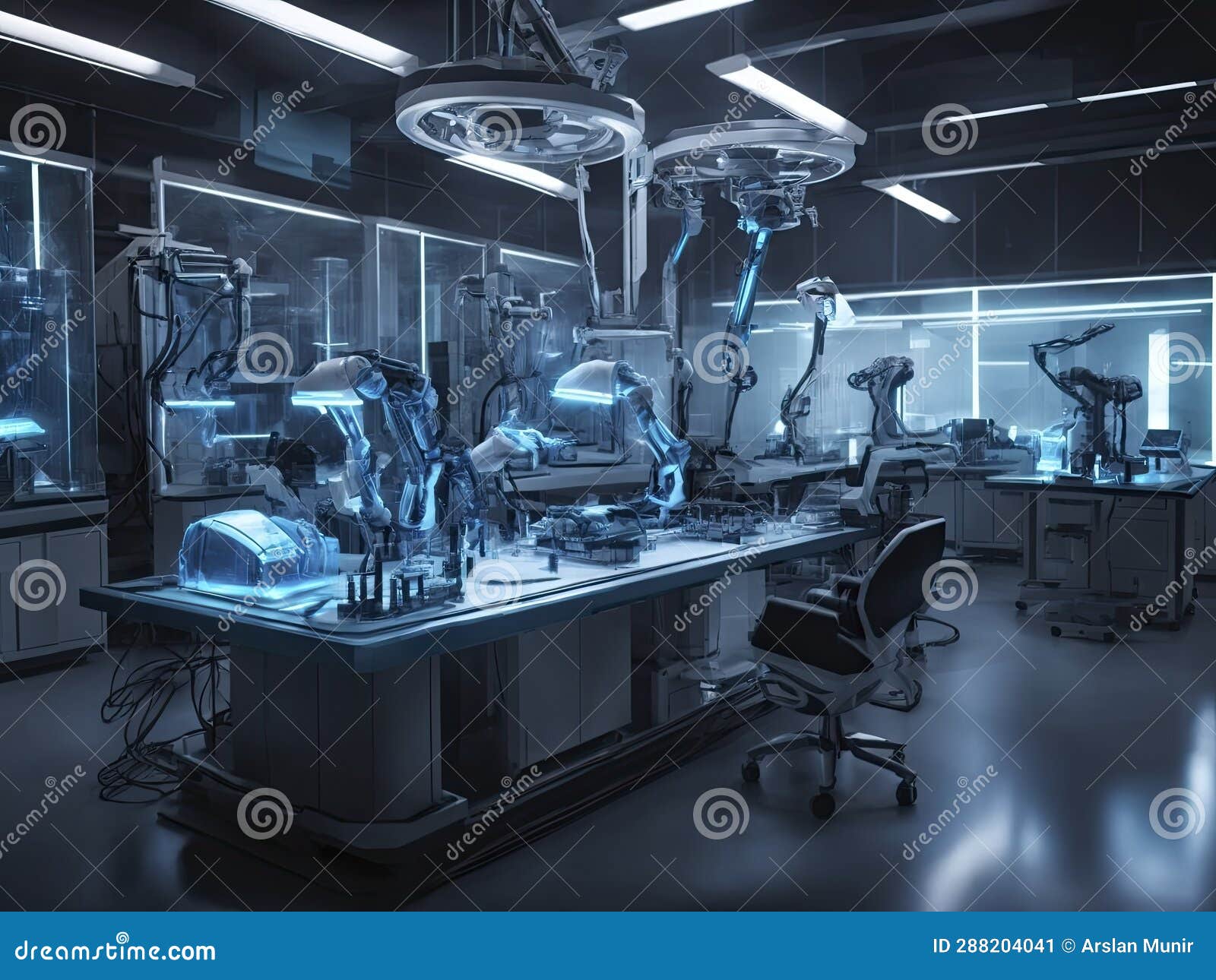 A Futuristic Research Lab with Glowing Blue Lights, Robotic Arms. Stock ...