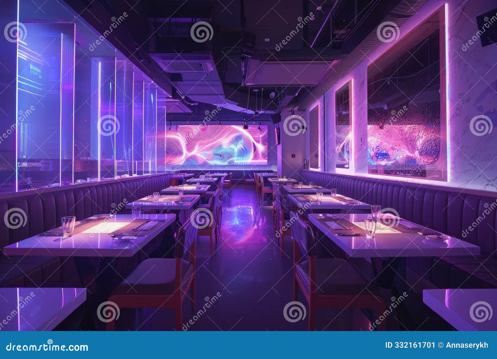 Futuristic Restaurant Interior with Neon Lighting and Modern Design for ...