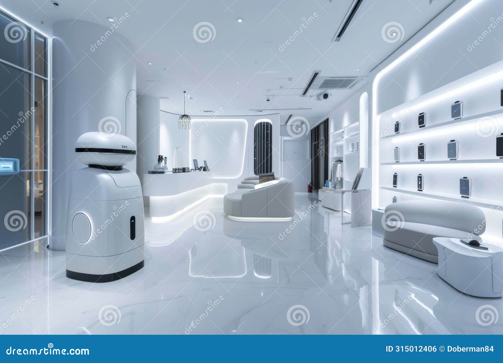 Futuristic Retail Store Interior with Advanced Service Robots and Sleek ...