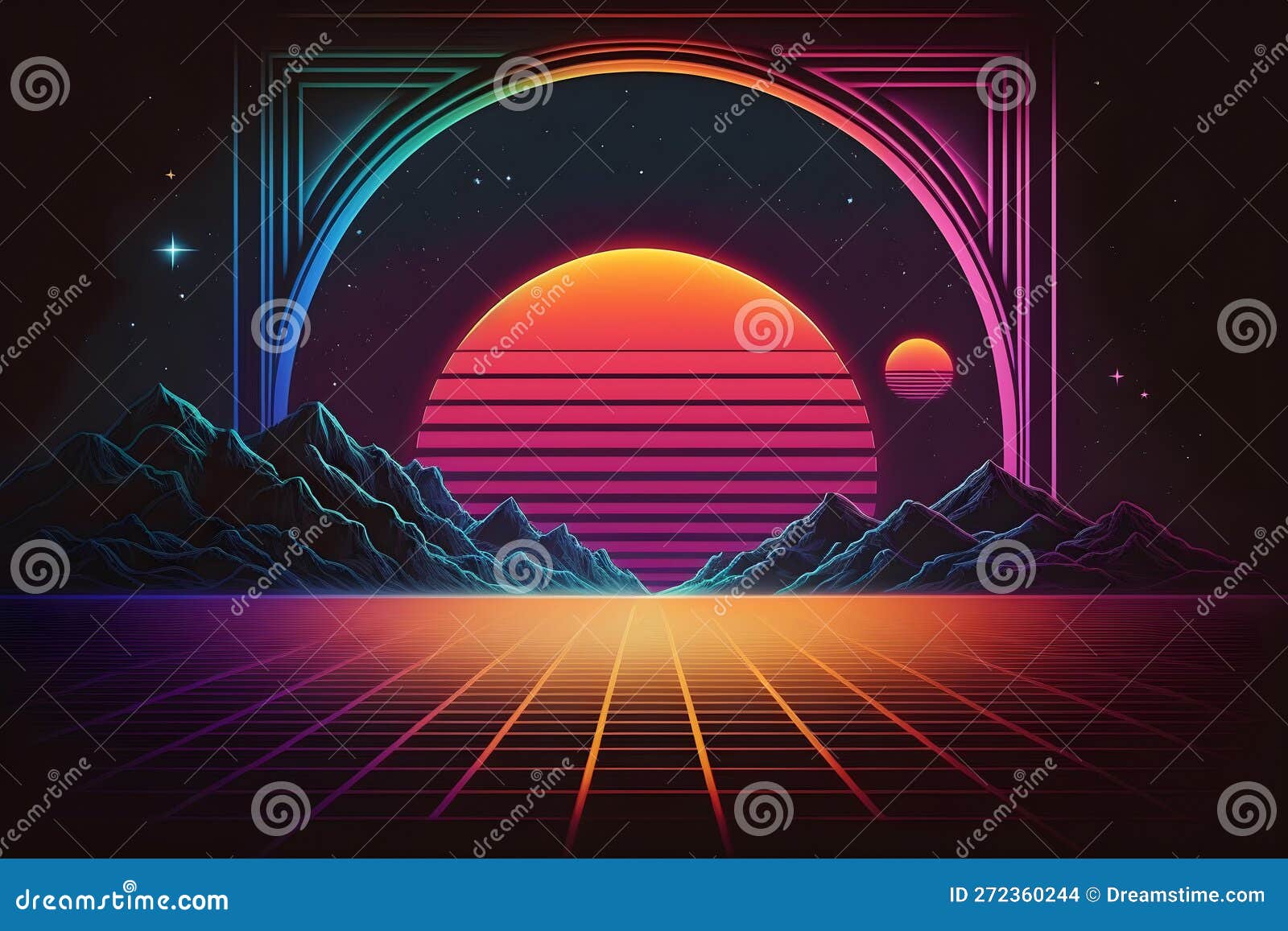The Futuristic Retro Landscape of the 80s. Illustration of the Sun with ...